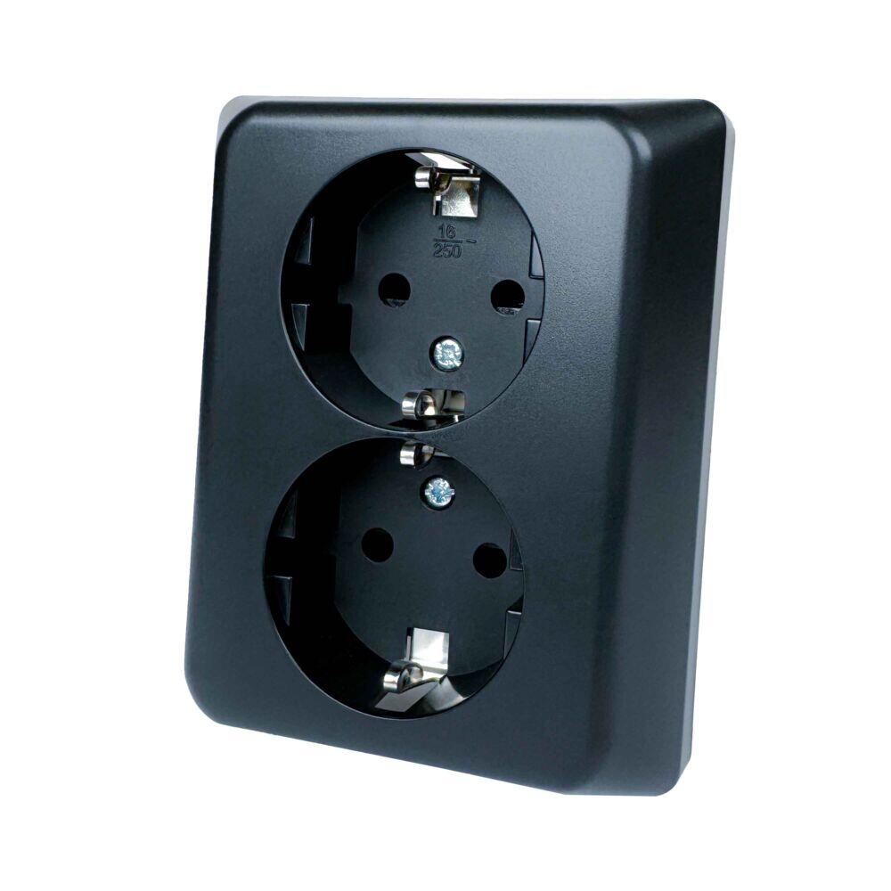 Egant dobbel innfelt sort stikkontakt m/jord | Obsbygg.no